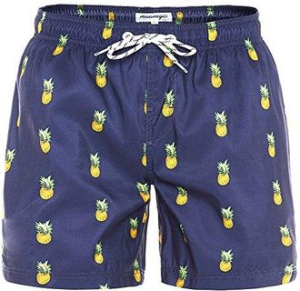 Maamgic Short de Bains Homme Maillot de Bain Pants Court de Sport Séchage Vite Bien pour Vacance a la Plage, Bleu Marine Ananas, Large(tour de taille:84~89cm)