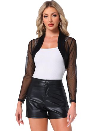 Allegra K Formeller Shrug für Damen Abendkleider Coverup Offene Vorderseite Langarm Mesh Satin Bolero Schwarz L