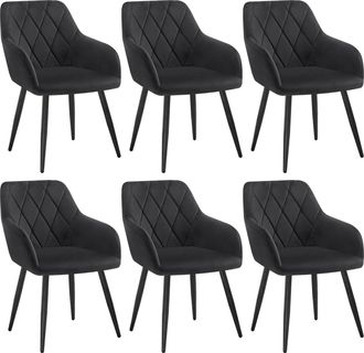Woltu 6er Set Esszimmerstühle mit Armlehne Rückenlehne, für Esszimmer Wohnzimmer Küche, Bequeme Küchenstühle gepolstert mit Samtbezug, Metallbeinen, Schwarz