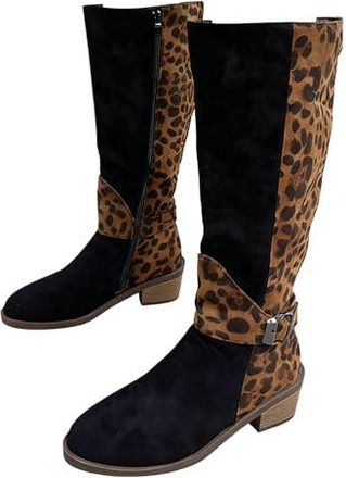 Generic Bottes déquitation décontractées à imprimé léopard pour femme, mollet large pour lautomne et lhiver, chaussures tendance à talon bas pour un usage quo