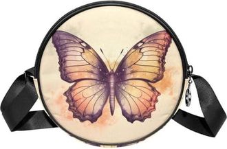 Generic Sac &agrave; bandouli&egrave;re rond pour femme, motif papillon vintage, petit sac &agrave; bandouli&egrave;re avec fermeture &eacute;clair, bretelles r&eacute;glables, sac &agrave; main rond d&eacute;contr