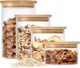 Doli Bottles Vorratsgläser mit Deckel 4er-Set - Aromadichte & Stapelbare Gläser zur Aufbewahrung - Inkl. Etiketten - Spülmaschinenfest - 0,3L+0,5L+0,75L+1L