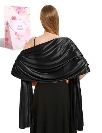 Heekpek Satin Foulard Chale Femme Mariage Echarpes pour Robe de Soirée Élégant Chic Etole Femme pour Soirée Cérémonies Fêtes Mariage, Noir, Taille unique
