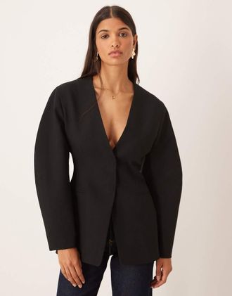 Asos Blazer sans col &agrave; taille cintr&eacute;e - Noir