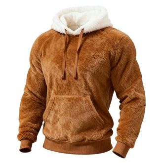 Generic Sweat &agrave; capuche en polaire pelucheuse marron pour homme avec capuche doubl&eacute;e Sherpa blanche et poche kangourou - Sweat-shirt dhiver ultra doux pour in
