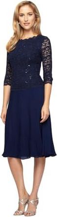 Alex Evenings Womens Sequin Lace Mock Dress (Petite and Regular), Short Navy, 6