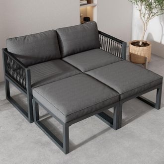 STILVORA Salon de Jardin avec 2 Fauteuils et 2 Poufs, Modularit&eacute; 4 Positions et Pouf Table R&eacute;glable, pour Terrasse, Tissu et M&eacute;tal, Gris