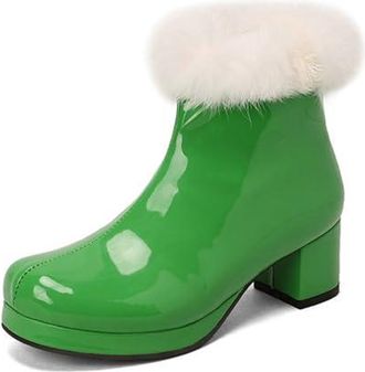 Generic Bottines dhiver en cuir synth&eacute;tique verni avec fermeture &eacute;clair lat&eacute;rale et bordure en fausse fourrure pour femme - Confortables &agrave; bout rond et talon 