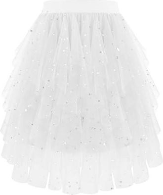 Bbonlinedress Tutu - Jupe en tulle - Longueur genou - Jupe courte - Jupe de danse &eacute;lastique - Costume de ballet - Costume de carnaval, Paillettes blanches, S