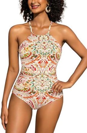 SHEKINI Maillot de Bain Femme 1 Pieces avec Bretelles R&eacute;glables Ventre Plat Sexy Swimsuit Vintage Imprim&eacute; Swimwear
