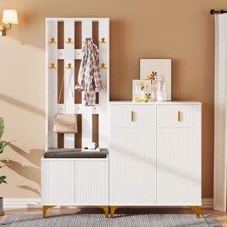 Generic Garderobenset mit Mirror & gepolsterter Sitzbank f&uuml;r Family mit goldene Haken Push-to-Open Wellent&uuml;ren Schuhschrank 2 Schubladen als Kompaktgarderobe 