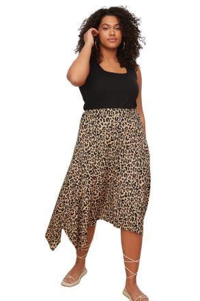Trendyol Damen Tier Midi Asymmetrisch Eine Linie Rock in Übergröße Skirt, Brown, XXL Größen