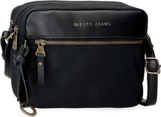 Pepe Jeans London Morgan Umhängetasche mit zwei Fächern, Schwarz, 24 x 16 x 9 cm, Polyester mit Details aus Kunstleder von Joumma Bags, Schwarz, Talla única, Umhängetas