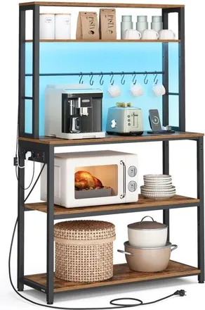 Vasagle &Eacute;tag&egrave;re de Cuisine avec LED, Meuble de Cuisine avec Multiprise, Support pour Micro-ondes avec &Eacute;tag&egrave;res R&eacute;glables, 8 Crochets, 40 x 80 x 168,4 cm