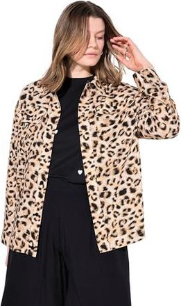 STUDIO UNTOLD Femme Grandes Tailles Veste-Chemisier Coupe Boxy, Lin mélangé et imprimé léopard, Base Arrondie Beige 46+ 839602300-46+