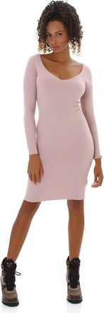 Enzoria Damen Strickkleid Pulloverkleid Stretch Feinripp V-Ausschnitt Midikleid, Rosa