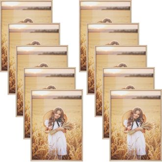 Woltu Bilderrahmen 50x70, 10er Set, Fotorahmen aus Massivholz und PS-Platte, Holzrahmen mit Passepartout, zum vertikalen oder horizontalen Aufhängen/Aufstel