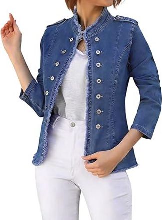 Generic Veste en jean pour femme &agrave; double boutonnage avec bordure brute, bleu, XXL