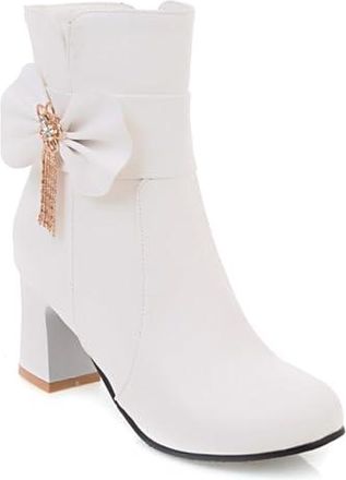 Generic Blanc,40 EU,Bottines en Cuir PU pour Femmes, Bout Rond, Talons Bas épais, Bottines à Talons dautomne avec noeud, Fermeture éclair latérale, Chaussures