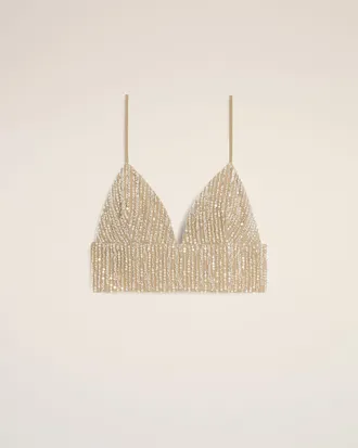 Ami Ami Paris - Top court beige brod&eacute; en sequins Beige Mastic - Taille : 34 - pour Femme