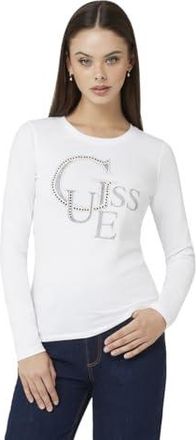 Guess T-shirt col rond &agrave; manches longues avec logo central grand de Strass. coupe r&eacute;guli&egrave;re (IT, texte, S, r&eacute;gulier, blanc), Pure White, Small