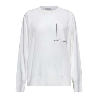 Brunello Cucinelli Wei&szlig;er Pullover mit gl&auml;nzendem Taschendetail - - Knitwear - Damen - Wei&szlig; - M