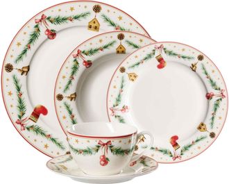 Ritzenhoff & Breker Holly Kombiservice 30-teilig für 6 Personen - Weihnachtsgeschirr aus Porzellan im Retro-Design - spülmaschinenfest & mikrowellengeeignet - Weiß/Rot/Gr