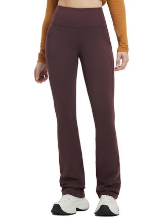 Baleaf Damen Thermo Flared Leggings mit Taschen High Waist Fleece gef&uuml;tterte Thermohose Thermal Leggings Bootcut Winter Warm Jogginghose Slim Fitness Braun X