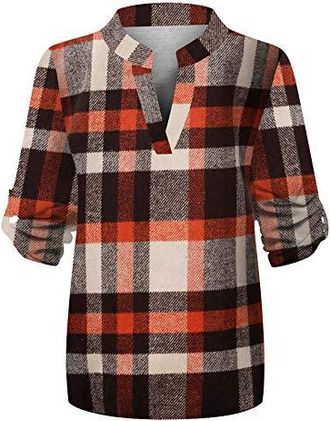 Generic Vestes pour femmes 2026 &agrave; manches longues d&eacute;contract&eacute;es &agrave; carreaux, Orange, 3XL