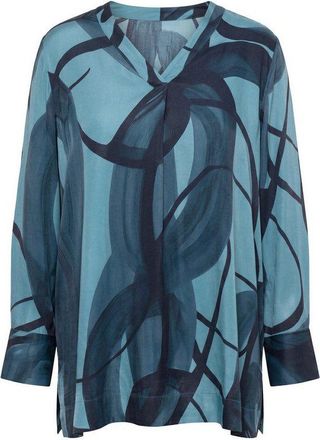 Ulla Popken Druckbluse Satin-Tunika Aquarellsteifen V-Ausschnitt Langarm