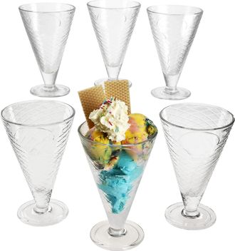 MamboCat 6er Set Copa Helado Eisbecher mit Fuß aus Glas I Klar I 340 ml I mit Waffel-Relief I konische Dessert-Schälchen, Eisgläser, Früchtebecher I für Vorspe