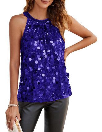 Grace Karin Damen Party Pailletten Oberteil Bluse Loose Fit Tops Elegant Ärmellose Neckholder Oberteile Blau XL