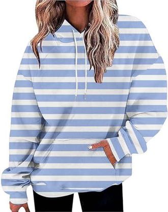 Generic Pantalon de jogging à capuche surdimensionné pour femme - Rayé - Grande taille - Sweatshirts à manches longues - Vêtements dautomne avec, bleu clair, 