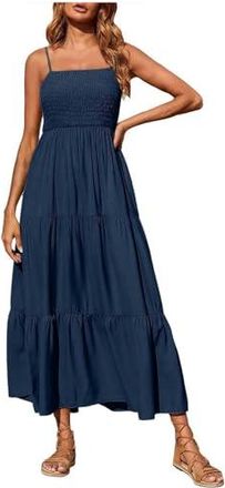 Generic Robe smock pour femme, grande taille, robe à volants, taille élastique, robe trapèze, robe sexy à bretelles spaghetti, robe basse de couleur unie, lon