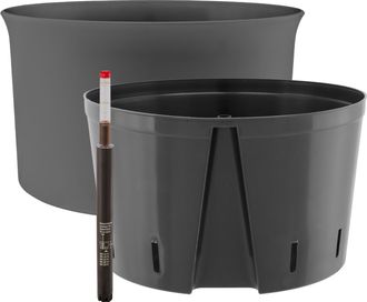Leni Atlas Blumentopf mit Kulturtopf & Gießanzeige Hydrokultur-Set | Übertopf Ø 36 cm Höhe 21 cm Anthrazit Kunststoff matt | Pflanztopf für Hydrokultur