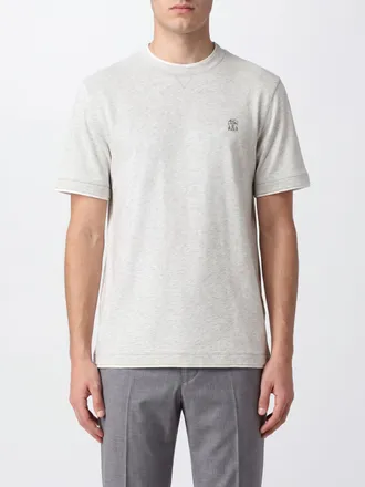 Brunello Cucinelli Schmal geschnittenes Baumwoll-T-Shirt mit Kontrastlogo und -bes&auml;tzen