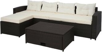 Hhg Poly-Rattan Garnitur 080, Balkon-/Garten-/Lounge-Set Sitzgruppe Sofa, Staufach braun, Kissen creme-beige