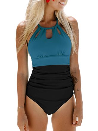 Cupshe Damen Badeanzug High Neck Bauchweg Raffungen Strandmode Schl&uuml;sselloch Farbblock Einteilige Bademode Swimsuit Blaugr&uuml;n/Schwarz XS