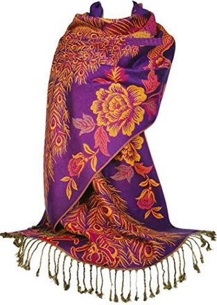 GFM Ceci est un châle de style pashmina au magnifique motif paon et floral DK1909-ghjmn-purple