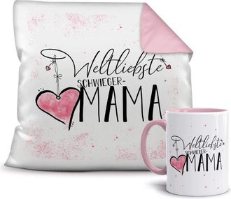 Tassendruck Geschenkset für die Weltliebste Schwiegermama - Tasse und Kissen - Altrosa/Verwandte/Geschenk-Idee/Liebling/Familie