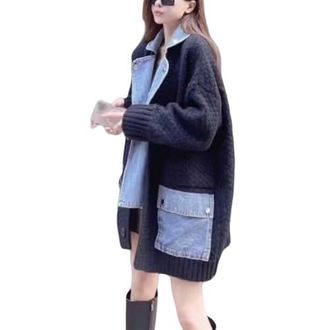 Generic Dearlassie - Cardigan en jean avec poches, revers surdimensionn&eacute;, cardigan ample en jean pour femme, Noir, taille unique