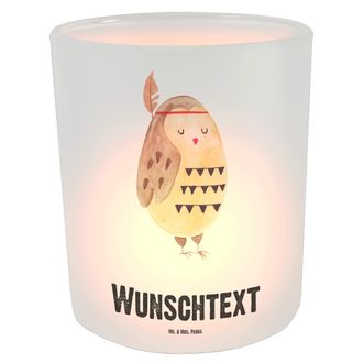 Mr. & Mrs. Panda Personalisiertes Windlicht Eule Federschmuck - Personalisierte Geschenke, Abenteuer, Dekoration, Kerzengl&auml;ser, mit Namen, mutig, Windlichter f&uuml;r Teeli