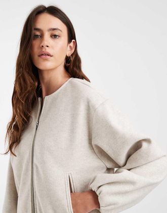 Vero Moda strukturierte Bomberjacke ohne Kragen in Creme-Melange-Wei&szlig;