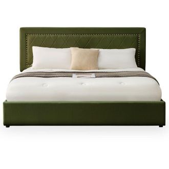 Menzzo Lit coffre Sandiego avec sommier relevable 180x200cm et t&ecirc;te de lit clout&eacute;e Velours Kaki