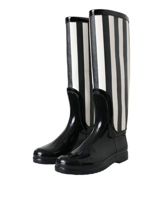 Dolce & Gabbana Womens Black Rubber Knee High Flat Boots Shoes And White