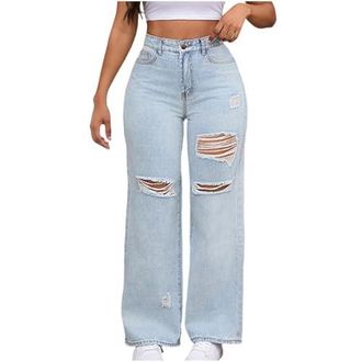 Generic Jean pour femme - Coupe droite - Baggy - Taille haute - Pantalon en denim d&eacute;chir&eacute; - &Eacute;l&eacute;gant - Confortable - Jambes larges - Grandes tailles - Y2K Stre