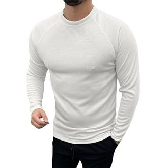 Generic DENGJIAMY Chemise raglan gaufr&eacute;e &agrave; manches longues classique &agrave; col rond pour homme T-shirts de printemps tendance hauts d&eacute;contract&eacute;s pour hommes, blan