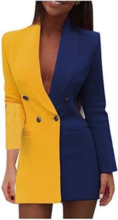 Generic Blazer surdimensionn&eacute; pour femme des ann&eacute;es 80 - Blazer bicolore - Longueur genou - Robe blazer pour mariage Sweat Blazer long blazer cintr&eacute; sportif -
