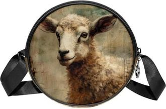 Generic Sac &agrave; bandouli&egrave;re rond pour femme, motif mouton vintage, petit sac &agrave; bandouli&egrave;re avec fermeture &eacute;clair, bretelles r&eacute;glables, sac &agrave; main rond d&eacute;contrac