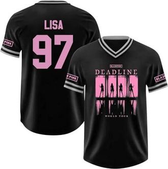 Generic Maillot de Baseball imprimé Noir et Rose Kpop Lisa Jennie Jisoo Rose, t-Shirt de Baseball Hip-hop à col en V pour Les Fans de Musique 04-8 M